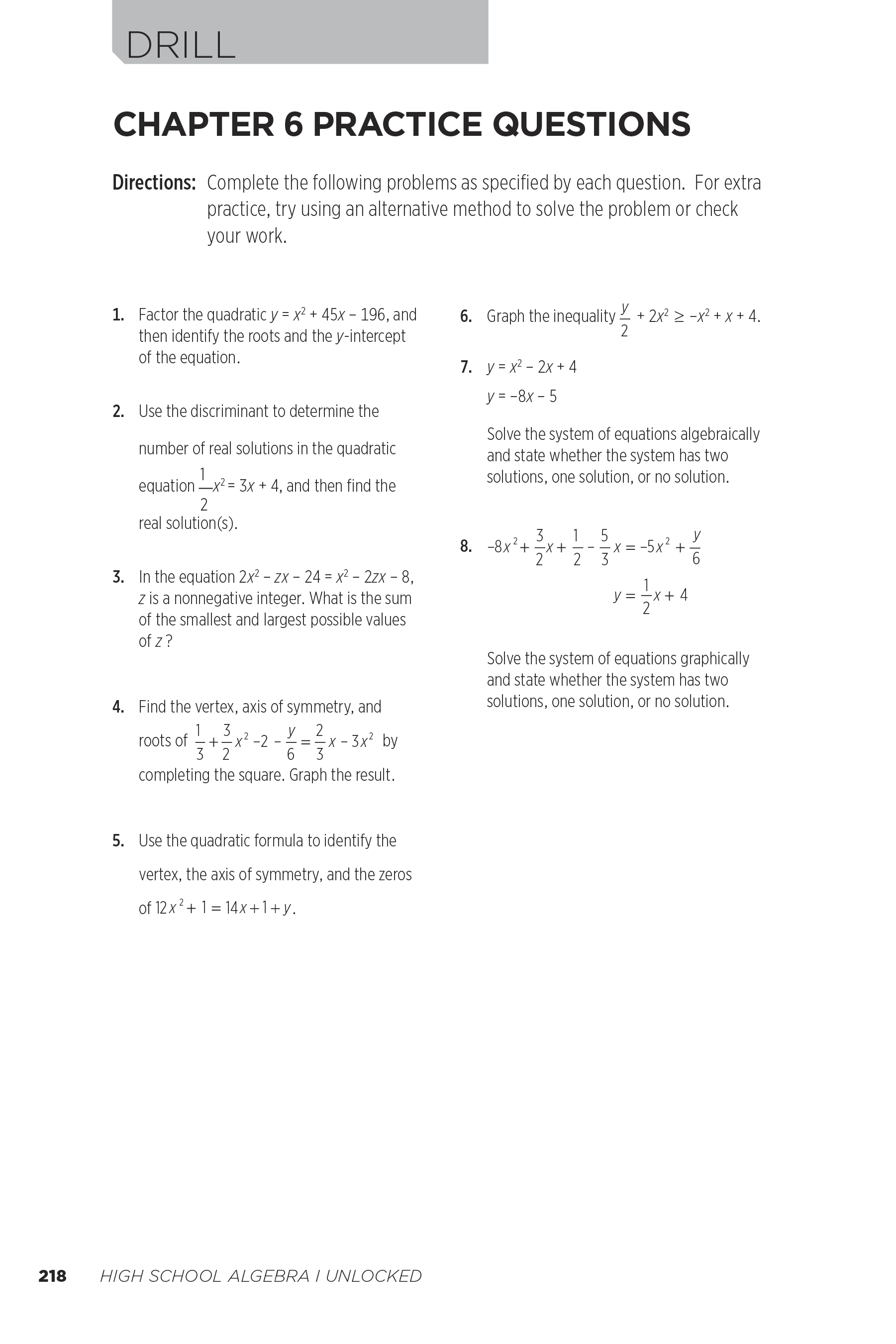 Extended ebook content for High School Algebra I Unlocked: Chapter 6 Practice Questions